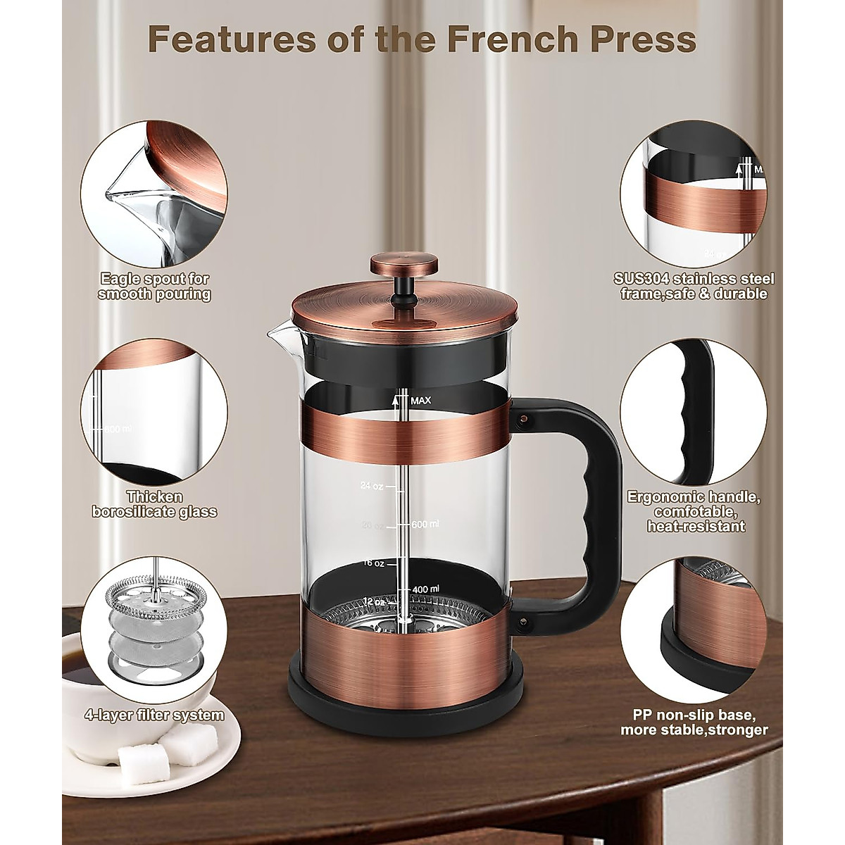 French Press Coffee Maker - 34 Ounce Classice Stainless Steel Coffee Press with 4-Level Filtration System, Heat Resistant Thickness Borosilicate Glass French Press Coffee Pot for Camping Travel Gift