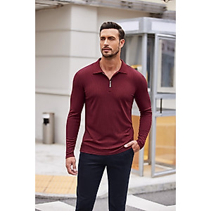 COOFANDY Men's Fitted T Shirts Long Sleeve Slim Fit Knitted Muscle Polo Shirts Stretch Pullover Shirts for Men Wine Red