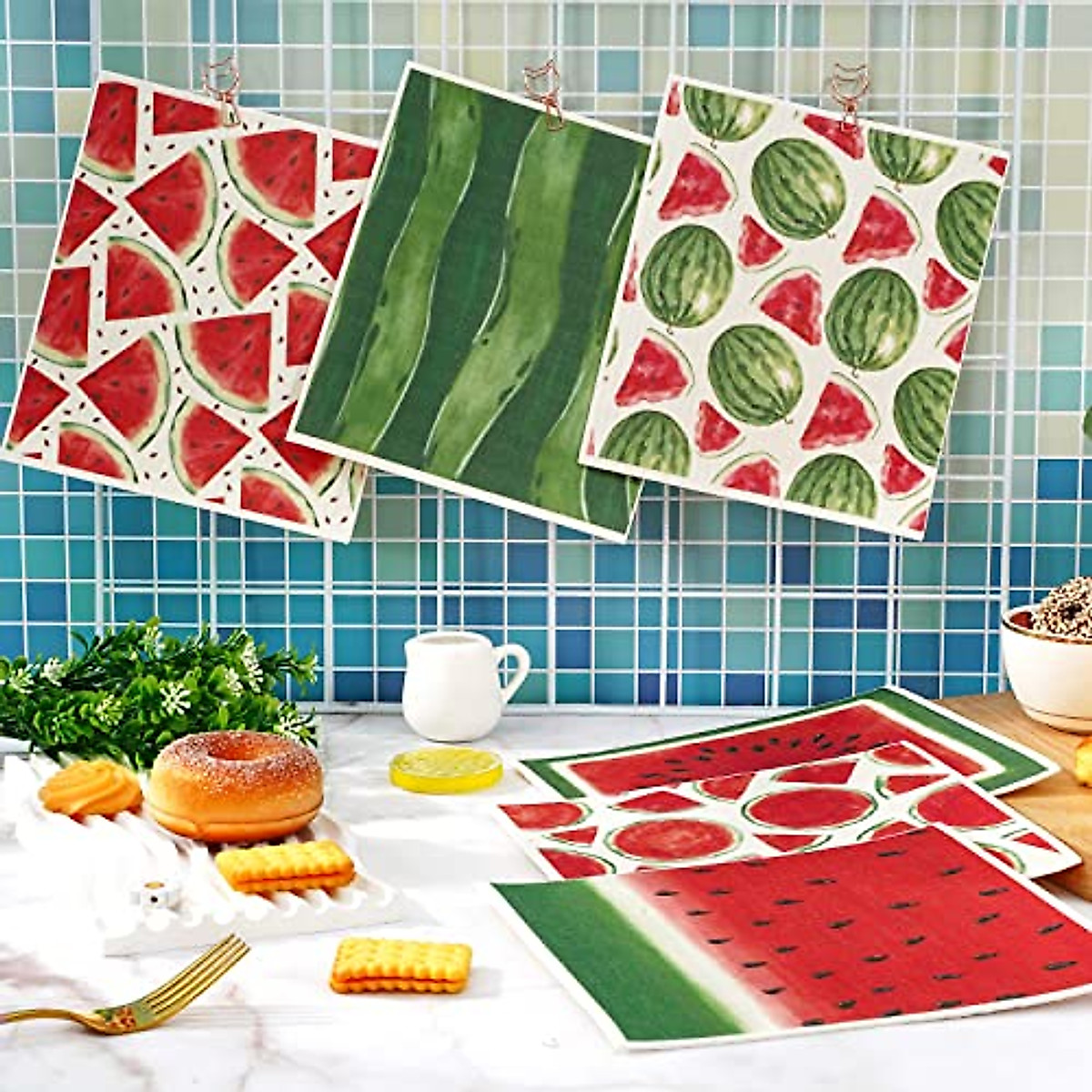 AnyDesign Watermelon Swedish Kitchen Dishcloth Summer Absorbent Cotton Dish Towel Melon Fruit Dish Cloth for Housewarming Cleaning Wipes, 6Pcs, 7 x 8 Inch