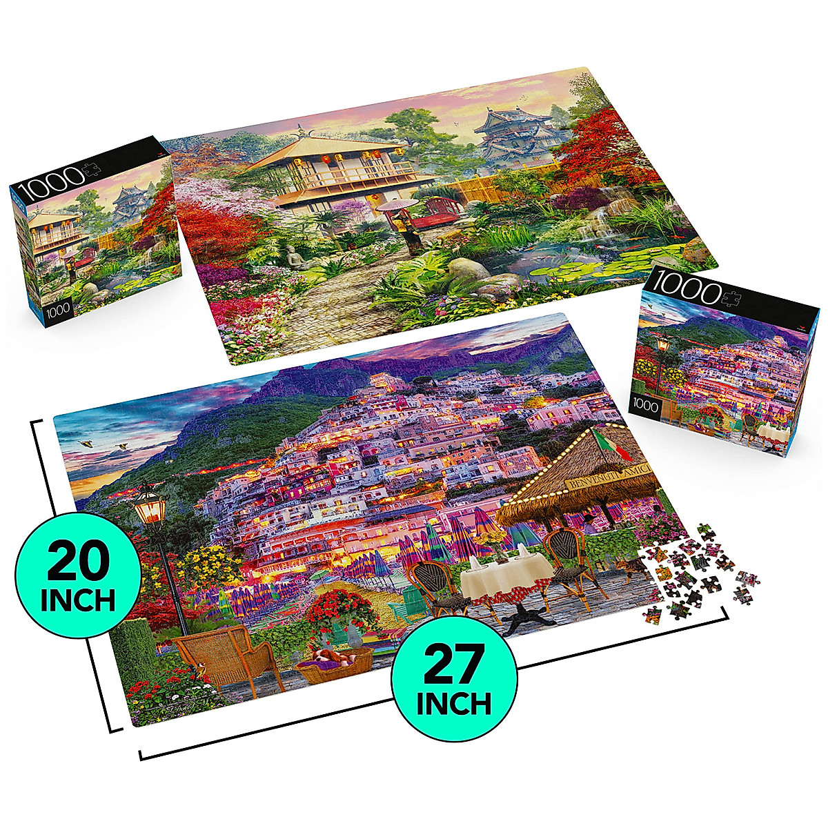 2-Pack of 1000-Piece Jigsaw Puzzles, Amalfi Coast & Japan Garden | Puzzles for Adults and Kids Ages 8+, Amazon Exclusive