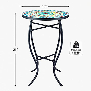 VONLUCE 21" Mosaic Plant Stand, 14 Inch Round Side Table with Ceramic Tile Top, Indoor and Outdoor Accent Table, Outdoor Patio Furniture, End Table for Garden Patio Living Room More, Floral