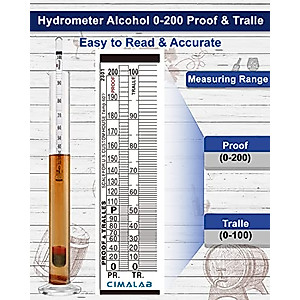 Cimalab Hydrometer Alcohol Meter, Hydrometer Alcohol 0-200 Proof and Tralle Hydrometer, Alcohol Proof Tester for Liquor/Moonshine/Proofing Distilled/Spirits/Distilled Alcohol Proof