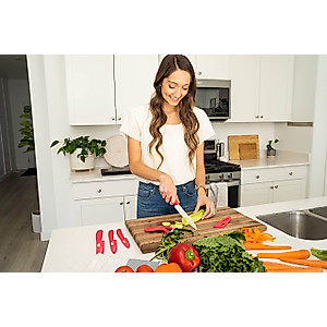 Serrated Pink Ceramic Knife Set with 5" Serrated Knife, Kitchen Knife Set - Includes 3”, 4”, 5”, 6” Ceramic Knives, Matching Sheaths and a Matching Vegetable Peeler in a black Gift Box