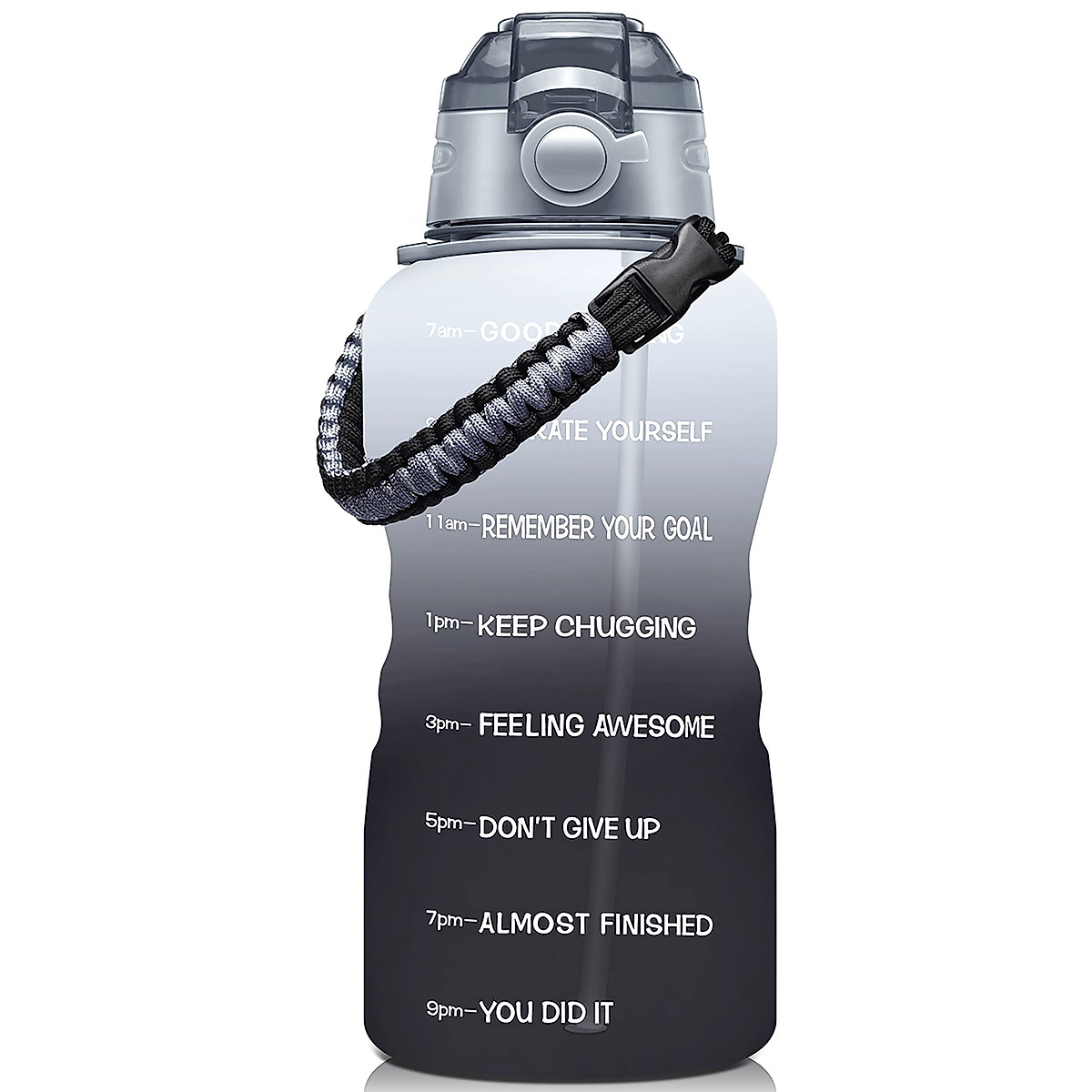Fidus Large Half Gallon/64OZ Motivational Water Bottle with Paracord Handle & Removable Straw - BPA Free Leakproof Water Jug with Time Marker to Ensure You Drink Enough Water Daily-White/Gray