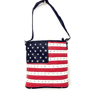 Western Tooled Leather American Flag Rhinestone Concealed Crossbody Messenger Bag (Red)