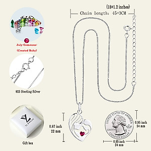 YL Mother and Daughter Necklace 925 Sterling Silver Mum Hold Child Heart Pendant Created Ruby Necklace Gifts for Moms