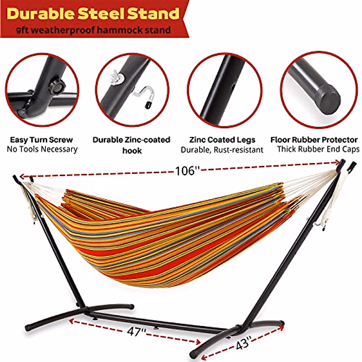 ACH Double Hammock with Stand Included 2 Person Heavy Duty Strong Portable Hammocks Indoor and Outdoor with Pillow-Carrying Bag for Outside Patio Backyard Lawn-450lb Capacity Rainbow