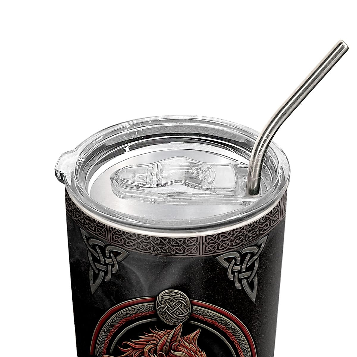 20oz Viking Celtic Fire Wolf Tumbler, Norse Mythology, Viking Gifts for Men, Coffee Thermos for Men, Stainless Steel Double Wall Vacuum Insulated Coffee Mug, Travel Cup with Lid