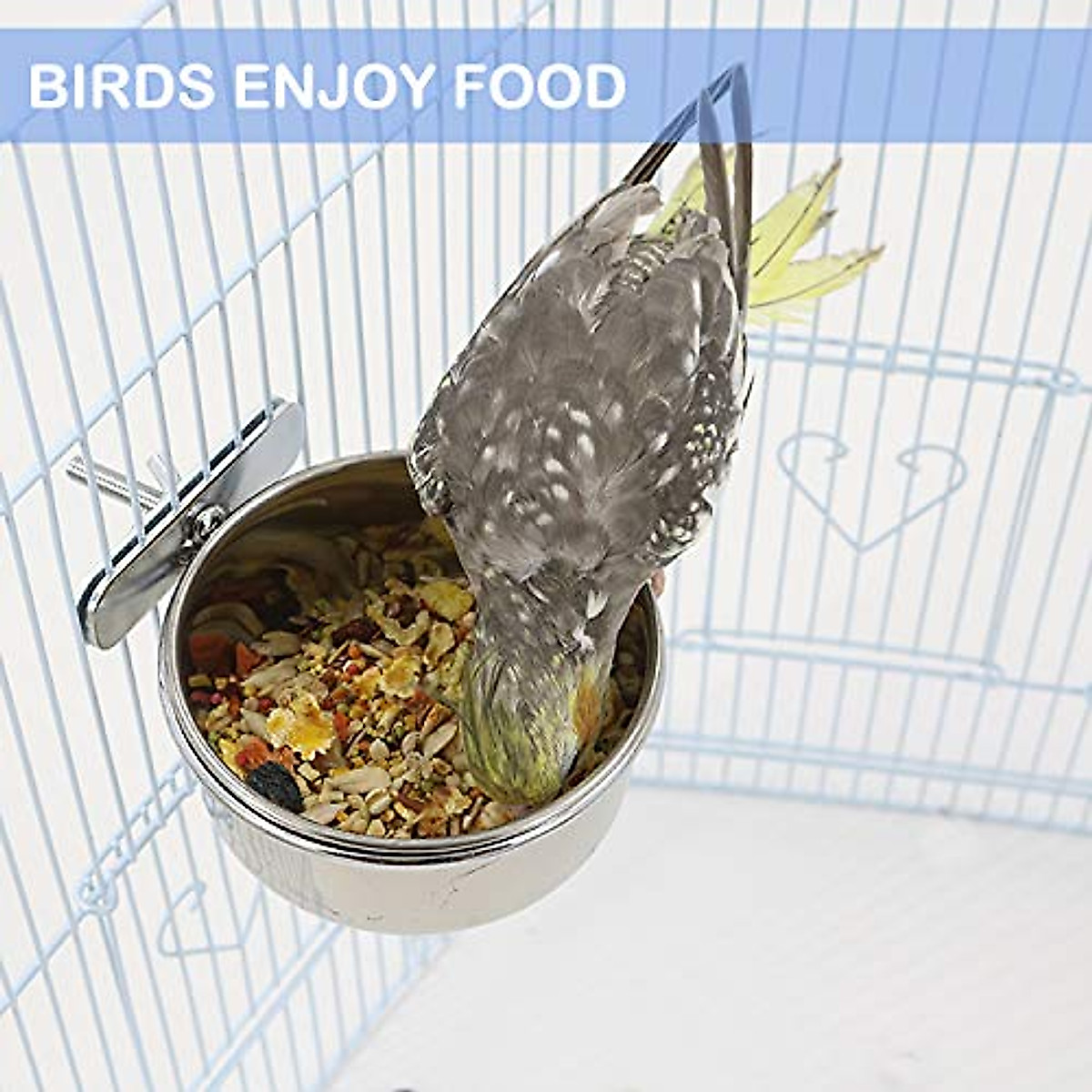 HERCOCCI Bird Feeder Dish Cup, Stainless Steel Parrot Food Bowl Feeding Coop Cups Clamp Holder, Bird Water Cage Bowl for Parakeet Lovebird Conure Cockatiel Budgie Chinchilla (4 Pieces)