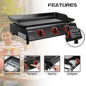 Royal Gourmet PD1303A 24-Inch 3-Burner Portable Tabletop Griddle, 24,000 BTU Propane Gas Grill Tabletop Usa for Patio, Deck, Backyard, Tailgating, Camping and Picnic, Black