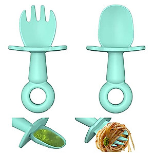 Baby Utensils, Silicone Baby Spoons Self Feeding and Baby Forks, Toddler Utensils for Led Weaning, First Stage Utensils for Self-Feeding (Mint)