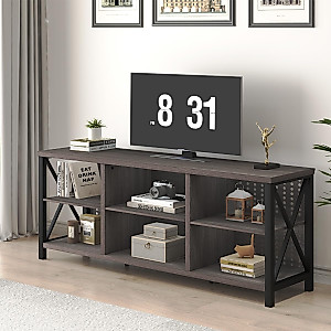 LVB Rustic TV Stand, Industrial Entertainment Center for 70 Inch TV, Long Wood and Metal Television Stand with Storage, Large Modern Farmhouse Media Console Table for Living Bedroom, Rustic Oak, 59 In
