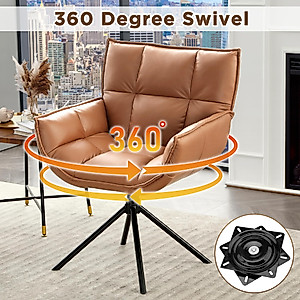 Fahomiss 360° Swivel Desk Chair No Wheels - Mid-Century Modern Desk Chair, Upholstered Faux Leather Desk Chair with Metal Legs, Office Chair for Living Room Reading Room Office(Brown, X1)