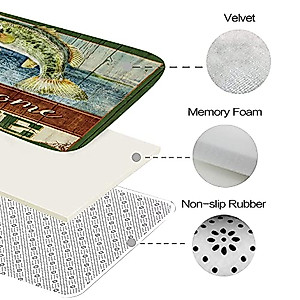 Rustic Cabin Bathroom Rugs and Bass Fish Out of Lakes Mats Sets 3 Piece, Velvet Memory Foam Natural Scenery Lake House Bath Mat, Large Small and U-Shaped Contour Shower Mat Non-Slip Washable