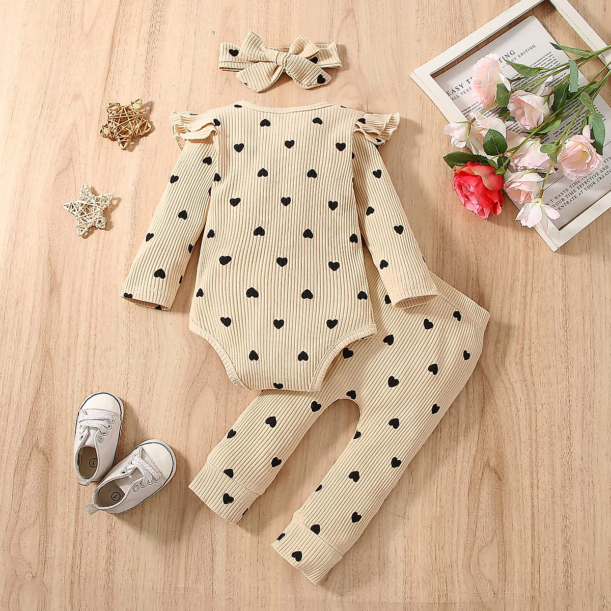 vivifayee Newborn Baby Girl Clothes Outfits Infant Ruffled Romper Hearts Print Long Sleeve Pants Set with Headband 3Pcs Cute Toddler Baby Girl Clothes Set