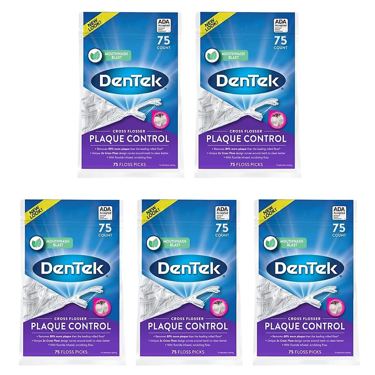 DenTek Cross Flosser Plaque Control Floss Picks, X-Shaped Floss, 75 Count, (Pack of 5)