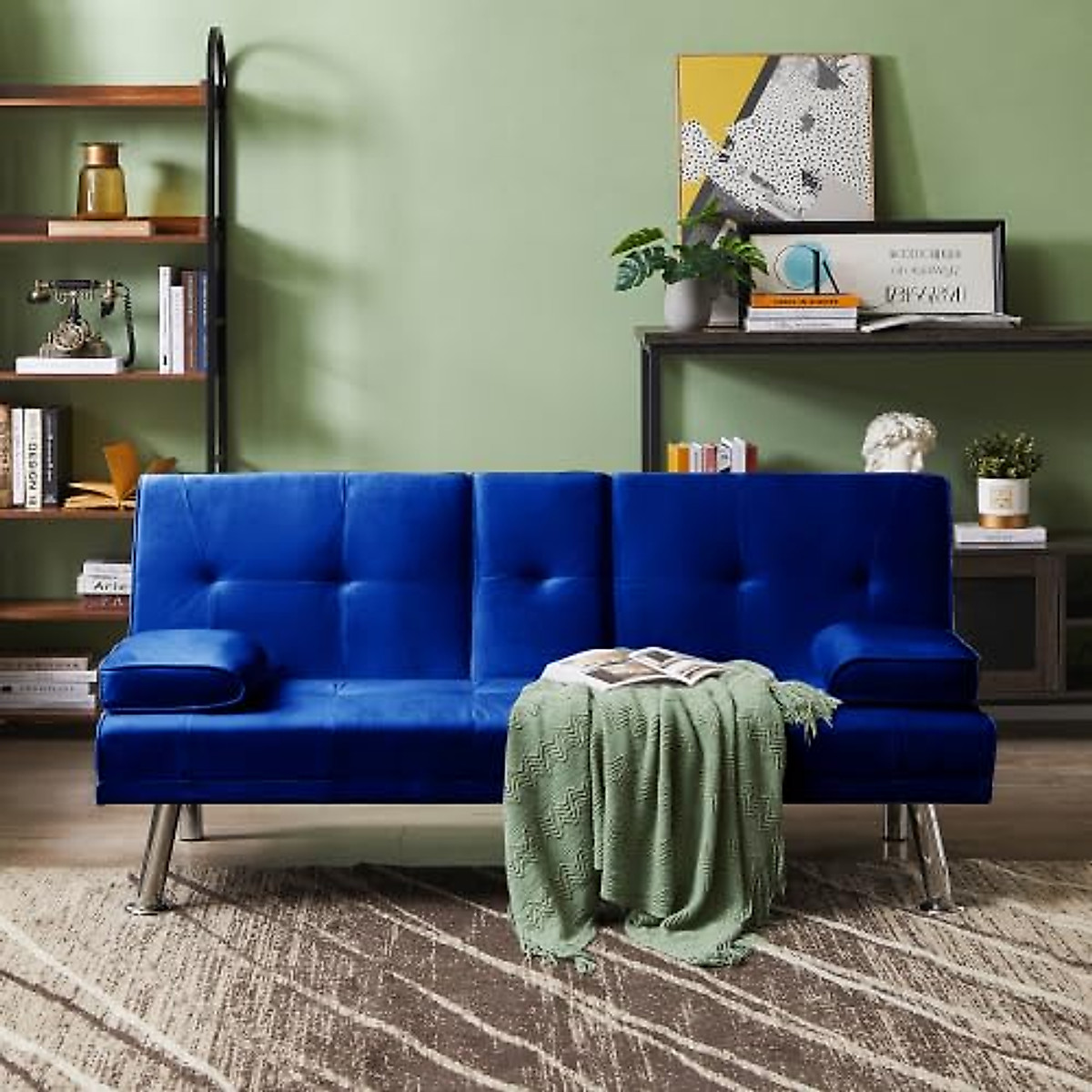 Modern Futon Sofa Bed, Convertible Folding Sleeper Couch for Compact Living Space, Velvet Upholstered Loveseat Couch Bed for Office Apartment, Dorm,2 Cupholders and Armrest, Metal Legs (Blue Velvet)