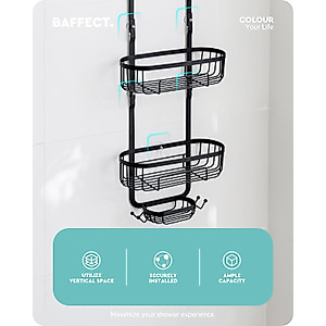 Baffect Shower Head Caddy, Upgraded Extended Metal Shower Storage Rack, Rust-Resistant Bathroom Organizer with Soap Holder and Hooks (Matte Black)