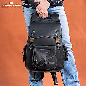 Handmade World Vintage Full Grain 18 Inch Black Leather Laptop Large Backpack Casual Bookbag Daypack Camping Travel Rucksack Knapsack