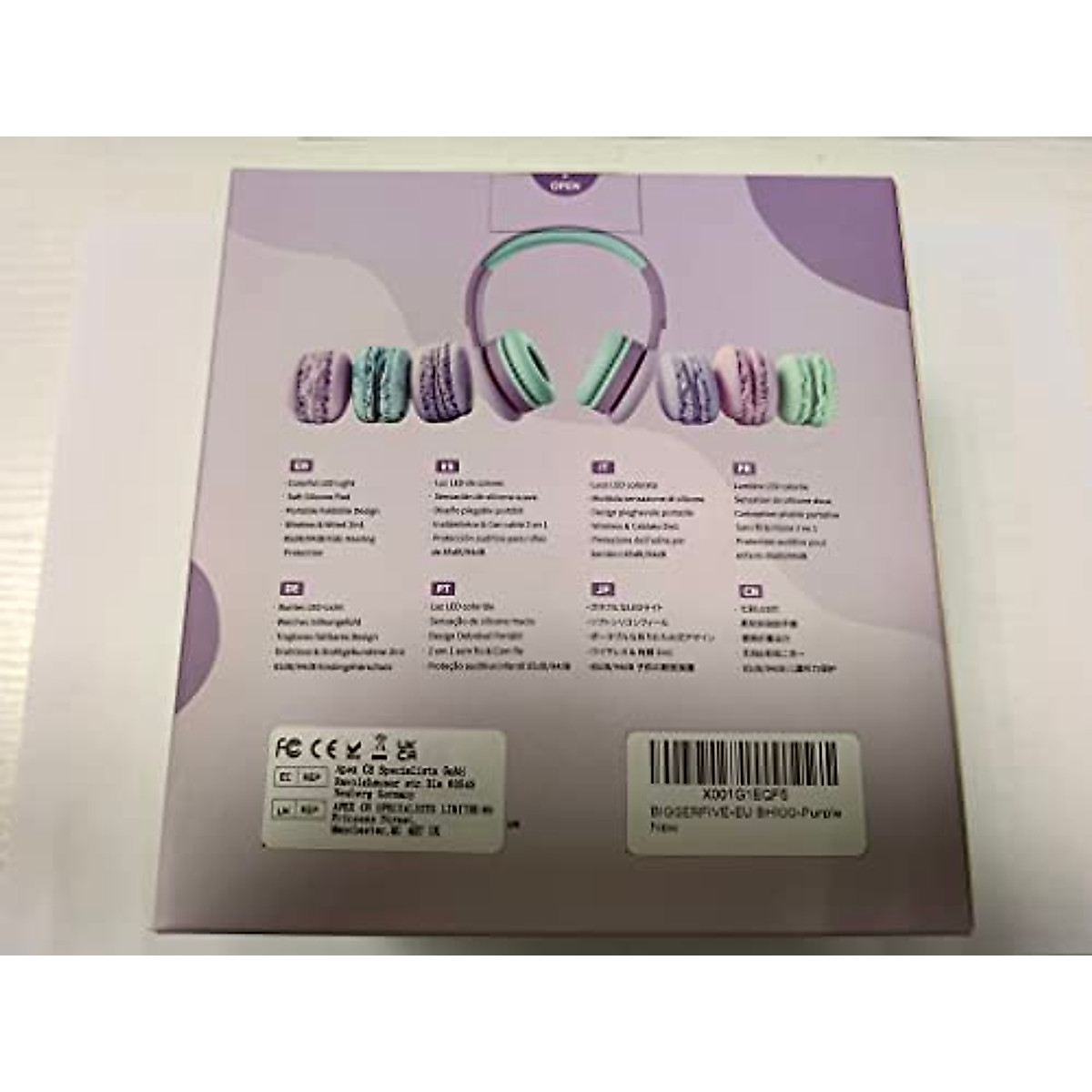 BIGGERFIVE Kids Wireless Bluetooth Headphones with 7 Colorful LED Lights, 50H Playtime, Microphone, 85dB/94dB Volume Limited, Foldable On Ear Kids Headphones for School/Girls/Fire Tablet, Purple