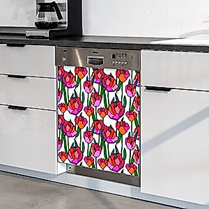 Dishwasher Magnet Cover Stained Glass Style Floral Modern Blooming Peonies Retro Textile Magnetic Refrigerator Stickers Decorative Appliance Cover Fridge Panels Metal Door Garage 23x26in