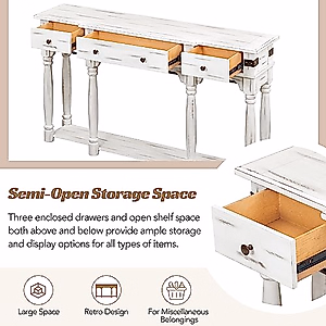 Solid Wood 60" Long Console Table with 3 Storage Drawers and Bottom Shelf, Mediterranean Retro-Style Accent Entryway Sofa Tables for Hallway Living Room, Semi-Open Storage Space (Creamy White-NM)