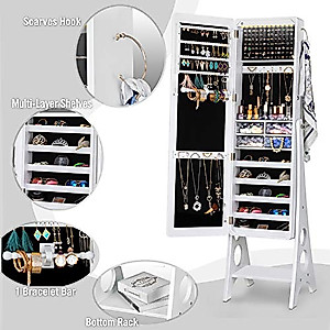 YOKUKINA Mirror Jewelry Cabinet Standing, Large Storage Jewelry Armoire, Full-Length Frameless Mirror with Jewelry Storage, 12 LED Lockable Standing Jewelry Organizer (White)