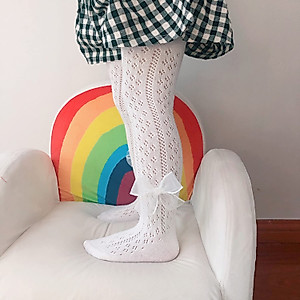 CHUNG Baby Girls Cotton Tights Thin Hallow Summer with Bowknot Lace Fashion Toddler Crochet Footed Legging (1-2 Years, White)