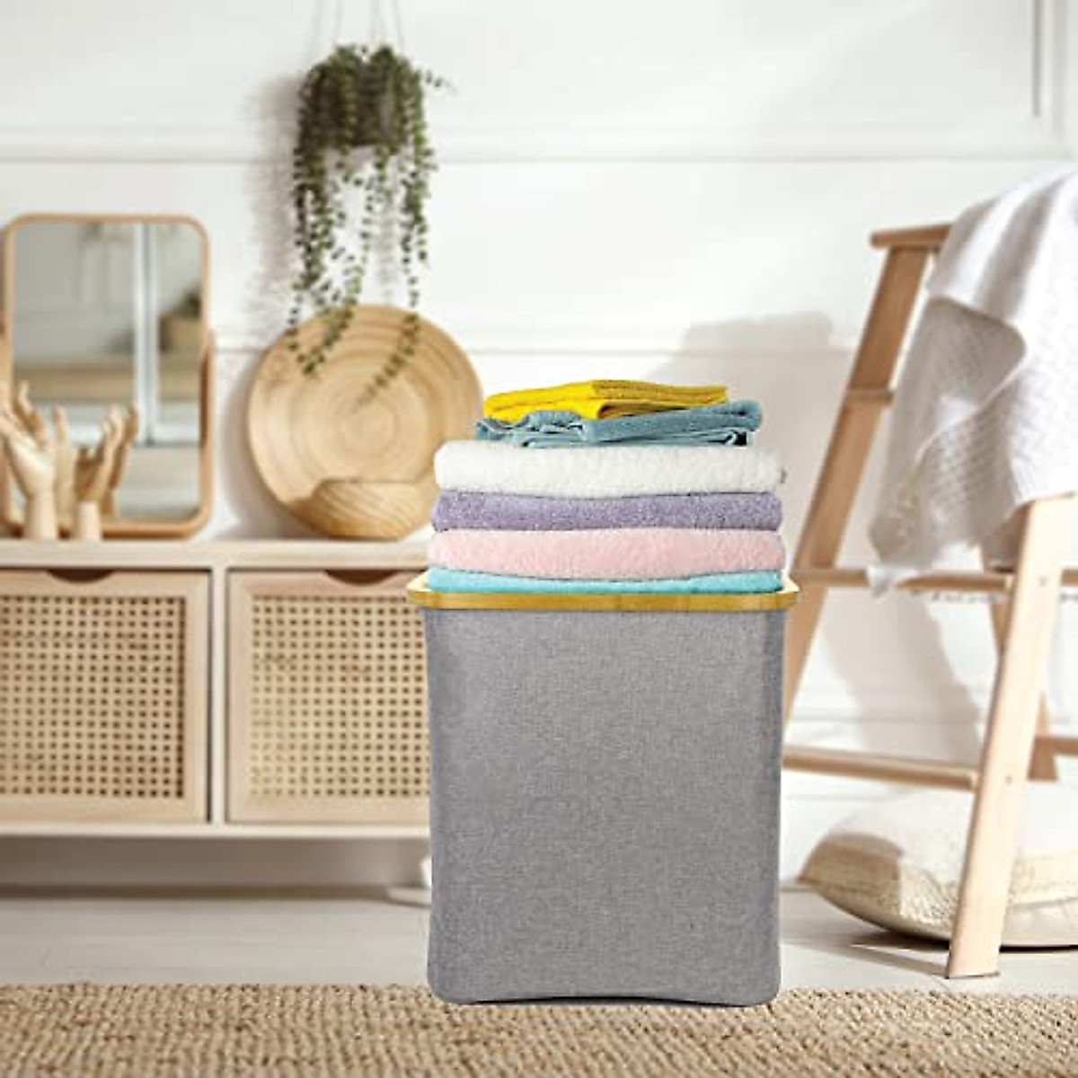 BROOKSTONE, Large Laundry Hamper with Handles, Stylish Bamboo Trim, Dirty Clothes Hamper Basket, Perfectly Sized at 17.25” X 16.25” X 13.25, Use as Storage Organizer, Save Space in Bedroom / Bathroom