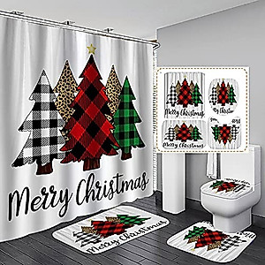 Christmas Bath Sets Shower Curtain and 3Pcs Bathroom Rugs and Mats Sets Buffalo Plaid Christmas Tree Shower Curtain Bathroom Decor Set Farmhouse