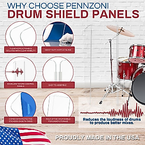 PENNZONI Drum Shield 5ft w/Living Hinges, Comes w/ 6 Drum Panels & Living Hinges, Premium Clear Acrylic Panels, Drum Screen