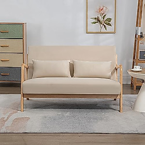 ARSURA Leisure Chair with Solid Wood Armrest and Feet, Mid-Century Modern Accent Sofa, for Living Room Bedroom Studio, 2 seat, Beige