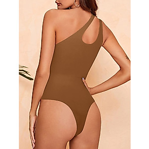 REORIA Women's Summer Sexy One Shoulder Cutout Front Sleeveless One Piece Tank Tops Backless Thong Bodysuits Leotards for Going Out Brown Large