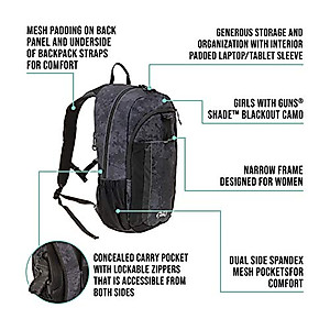 Allen Company Girls with Guns Midnight Deluxe Backpack with Lockable Concealed Carry, Design for Women, Padded Laptop Sleeve, 760 CU in / 12.5 L, Black/Shade Blackout Camo