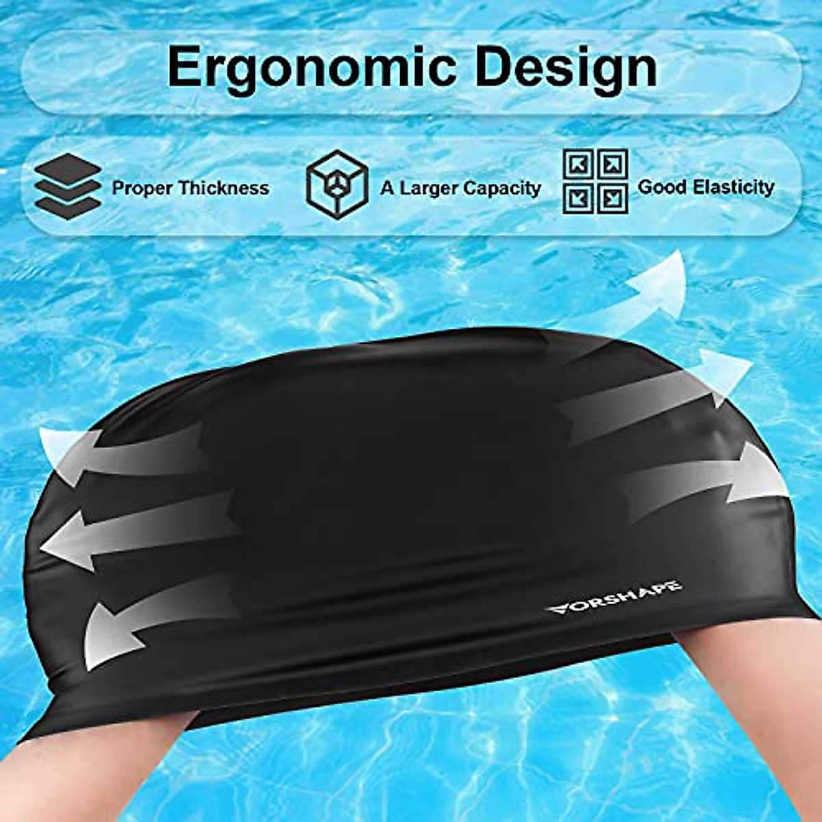 Vorshape Extra Large Swim Cap for Braids and Dreadlocks - Swimming Cap for Women Long Hair Adult Swim Cap for Long Thick Curly Hair Keep Your Hair Dry (Black)