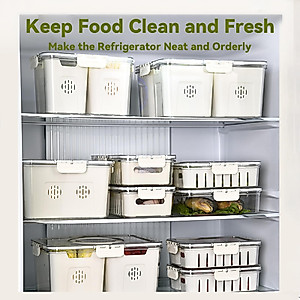 LEEHEZLY Food Storage Container for Fridge, Portable White Plastic BPA-free Box, Divided Serving Tray with Lids and Handle, Keep Fruits and Vegetables Fresh with 4 Removable Colanders (Short)