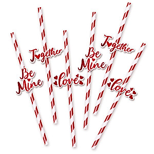 Whaline Valentine's Day Paper Straws 60Pcs Metallic Red Drinking Straws with 60Pcs Foil Red Letter Slices White Stripe Disposable Straws for Beverages Cocktail Wedding Birthday Party Supplies