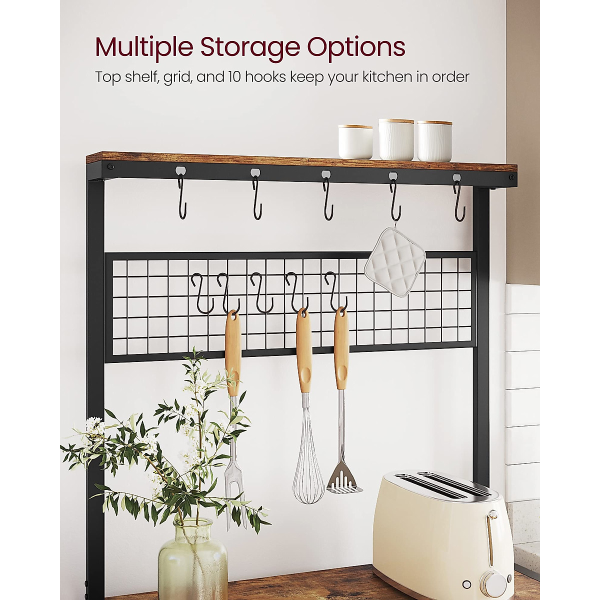 VASAGLE Bakers Rack, Coffee Bar, Kitchen Storage Shelf Rack with 10 Hooks, 3 Shelves, Adjustable Feet, for Microwave Oven, 15.7 x 33.1 x 66.9 Inches, Industrial, Rustic Brown and Black UKKS17BX