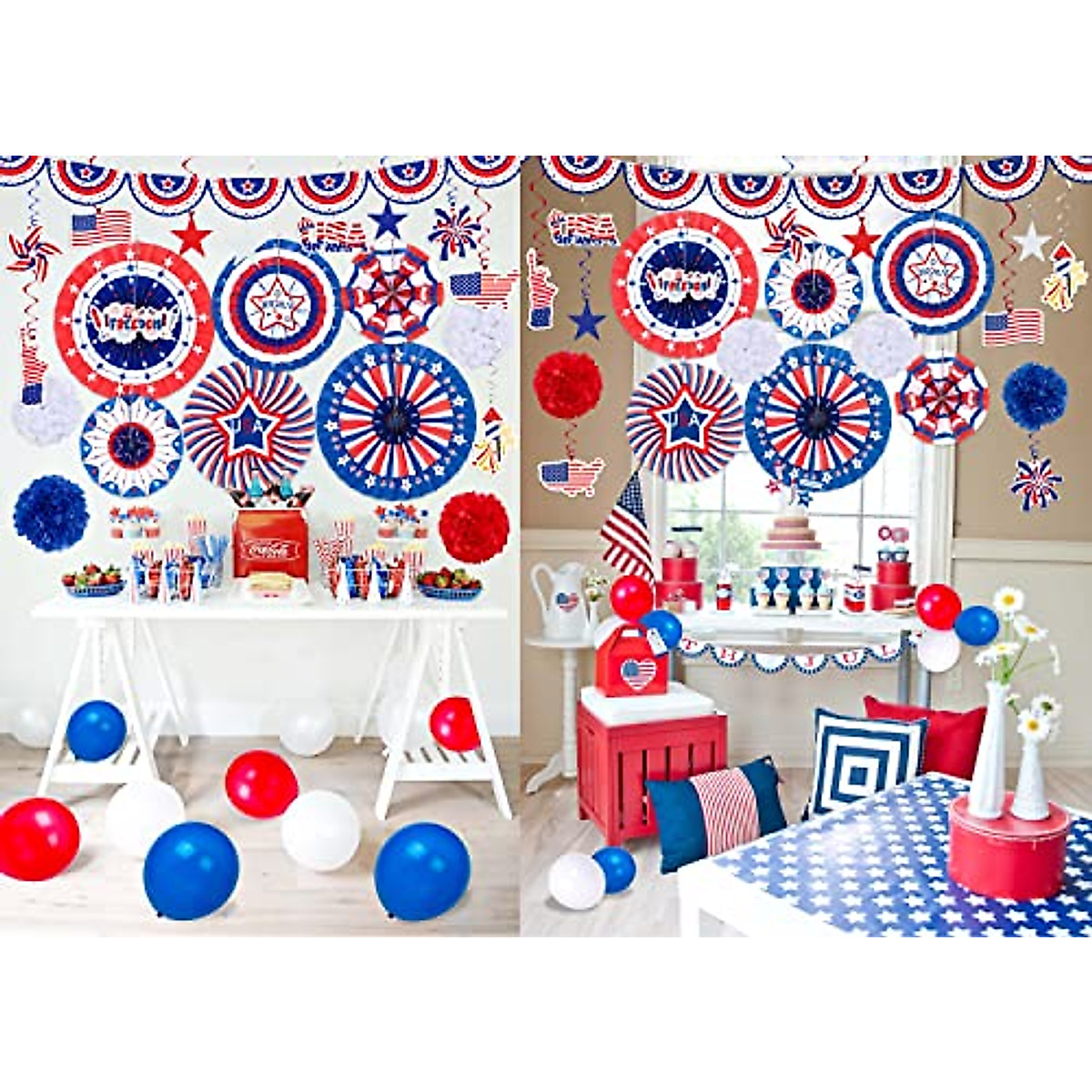 51PCS 4th/Fourth of July Decorations Set - Includes Patriotic Paper Fans,Pom Poms,Banner,Hang Swirls,Balloons - Red White Blue Memorial Day Party Decor Supplies