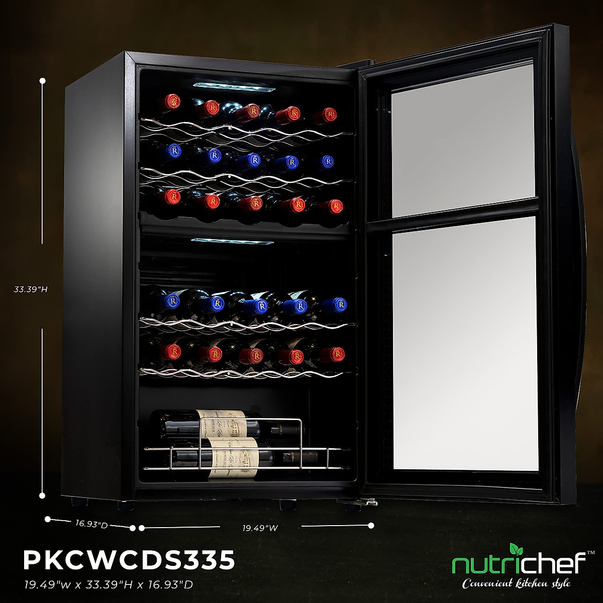 Nutrichef 33 Bottle Wine Fridge | Dual Zone Wine Chiller | Adjustable Temperature 41°F to 64°F | Ultra Quiet Operation | Wine Cooler For Home, & Office | Free Standing 33x19x17 IN | Black