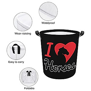 I Love Horse Foldable Laundry Basket Waterproof Hamper Storage Bin Bag with Handle 16.5"x 16.5"x 17"