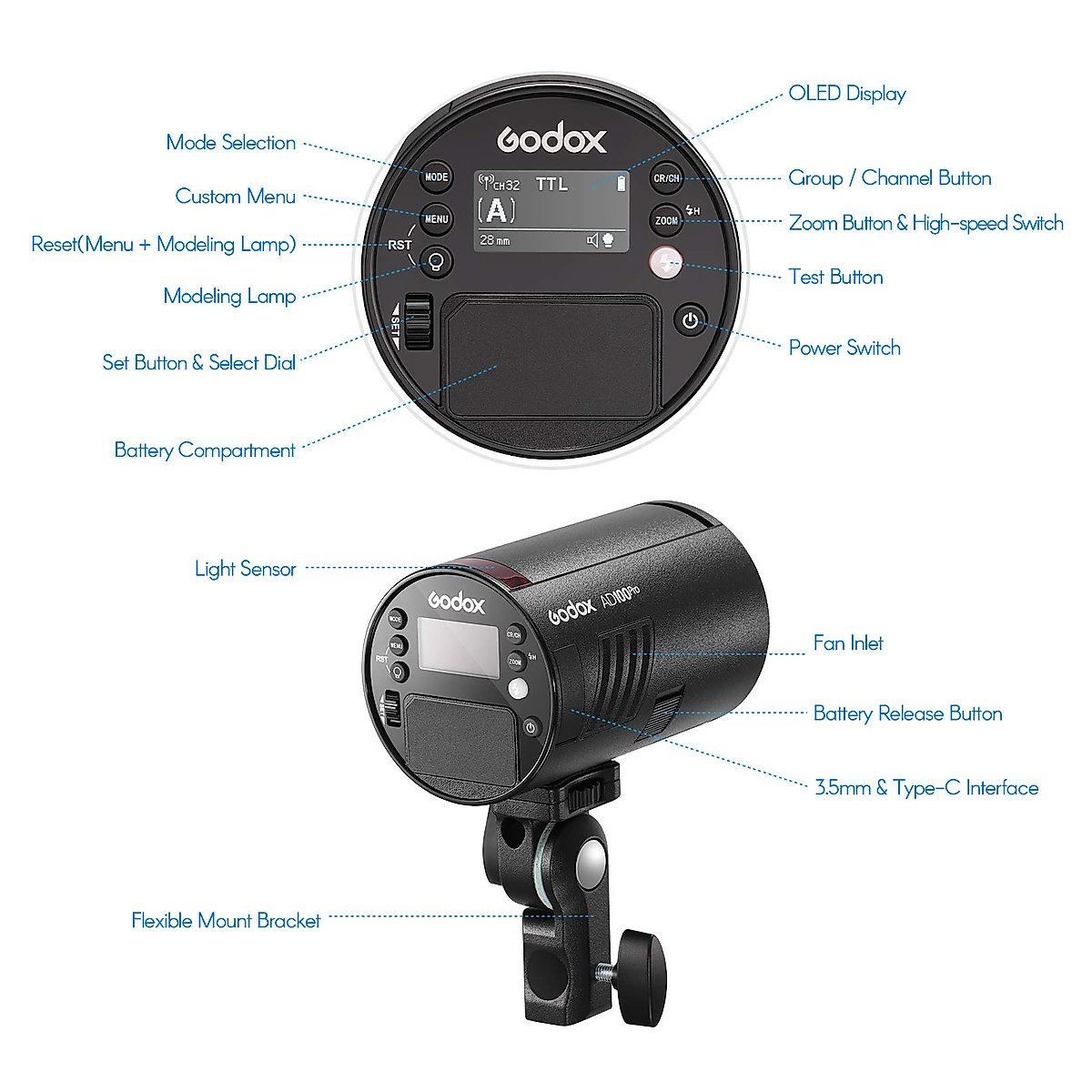 GODOX AD100Pro Studio Flash Light OLED Screen 5800K 1/8000s Sync TTL/Multi/M Flash Built-in 2.4G Wilreless X System 5 Groups 32 Channels with Rechargeable 2600mAh Battery with Godox S2 Flash Bracket