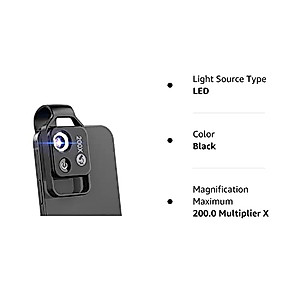 200X Phone Mini Pocket Microscope with LED Light/Universal Clip, Portable Digital Microscope Camera Attachments for 99% Smartphone, Microworld for Kids Adults (Black, 200X with CPL)