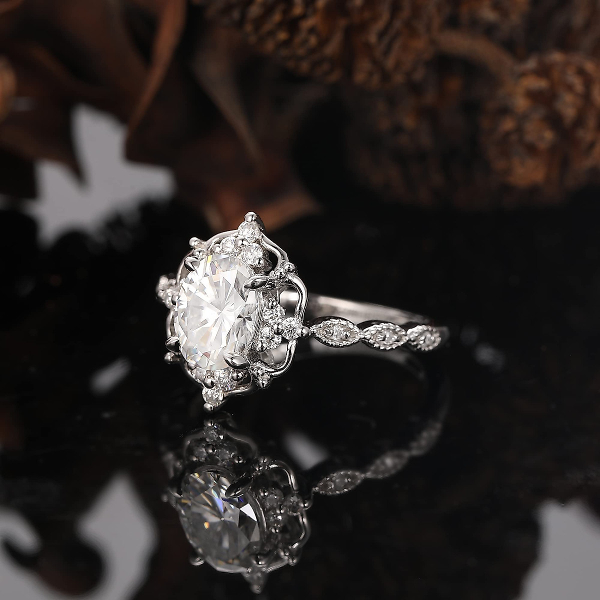 Frayerr Vintage Floral Setting Ring - 1.50 Carat Brilliant Oval Cut Created Moissanite Ring - 925 Sterling Silver Moissanite Accents Ring - Milgrain Classic Design Ring - Handcrafted Women Ring (7)