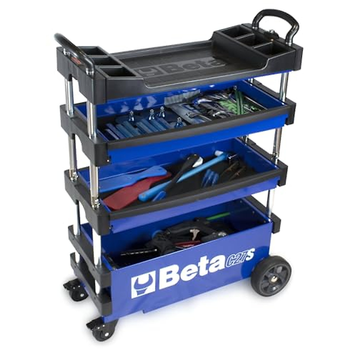 Beta C27S Blue Collapsible Rolling Tool Cart, 4 Inch Steering Wheels with Brake, 110 Pound Capacity