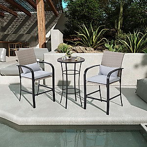 Apepro Outdoor Bar Table Set for 2,Patio Bar Height Table and Chairs Set with Soft Cushions and Steel Frame,Grey