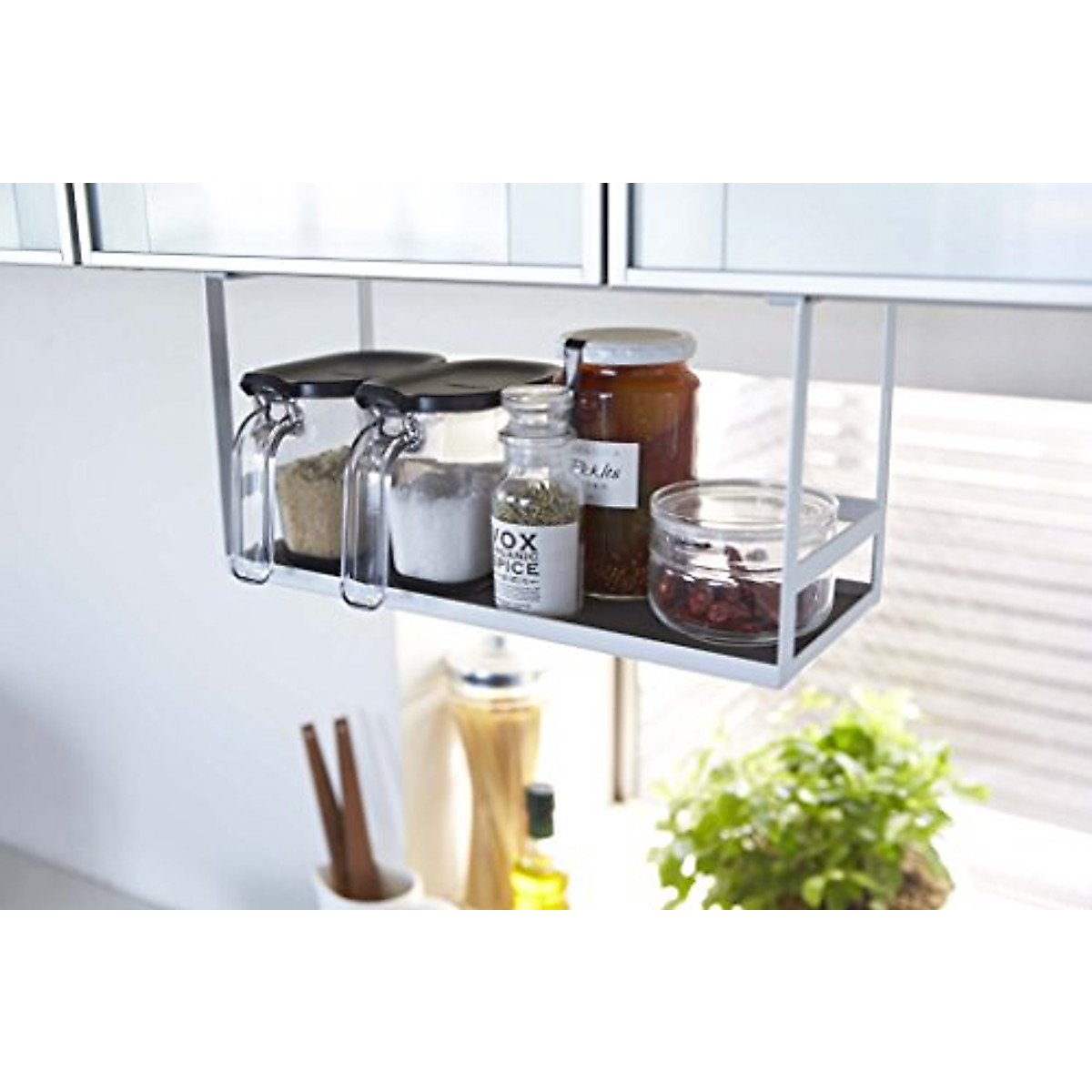 YAMAZAKI Home Under Shelf Spice Rack and Organizer for Kitchen Cabinets | Steel | Undershelf Solution, One Size, White