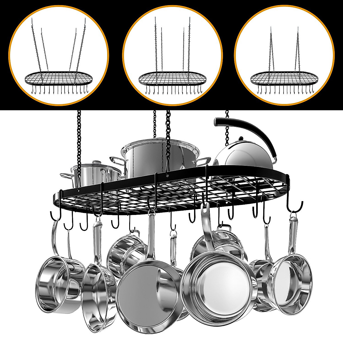 Vdomus pot rack ceiling mount cookware rack hanging hanger organizer with hooks (33 x 17 Inch) and Strong Shower Caddy 2 Tier Bathroom Corner Shelf Organizer Polished Chrome- No Drilling Needed Basket