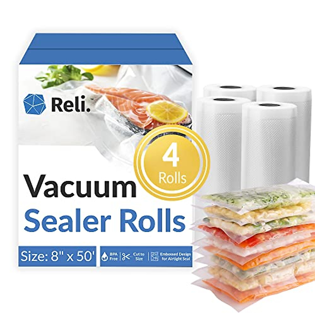 Reli. Vacuum Sealer Bags - 4 Rolls of 8"x50' | 4 Rolls Bulk - 200ft Total | Vacuum Sealer Rolls 8inx50ft for Food | BPA Free, Cut to Size | Vacuum Sealer Bags for Food, Sous Vide, Storage/Prep | Clear