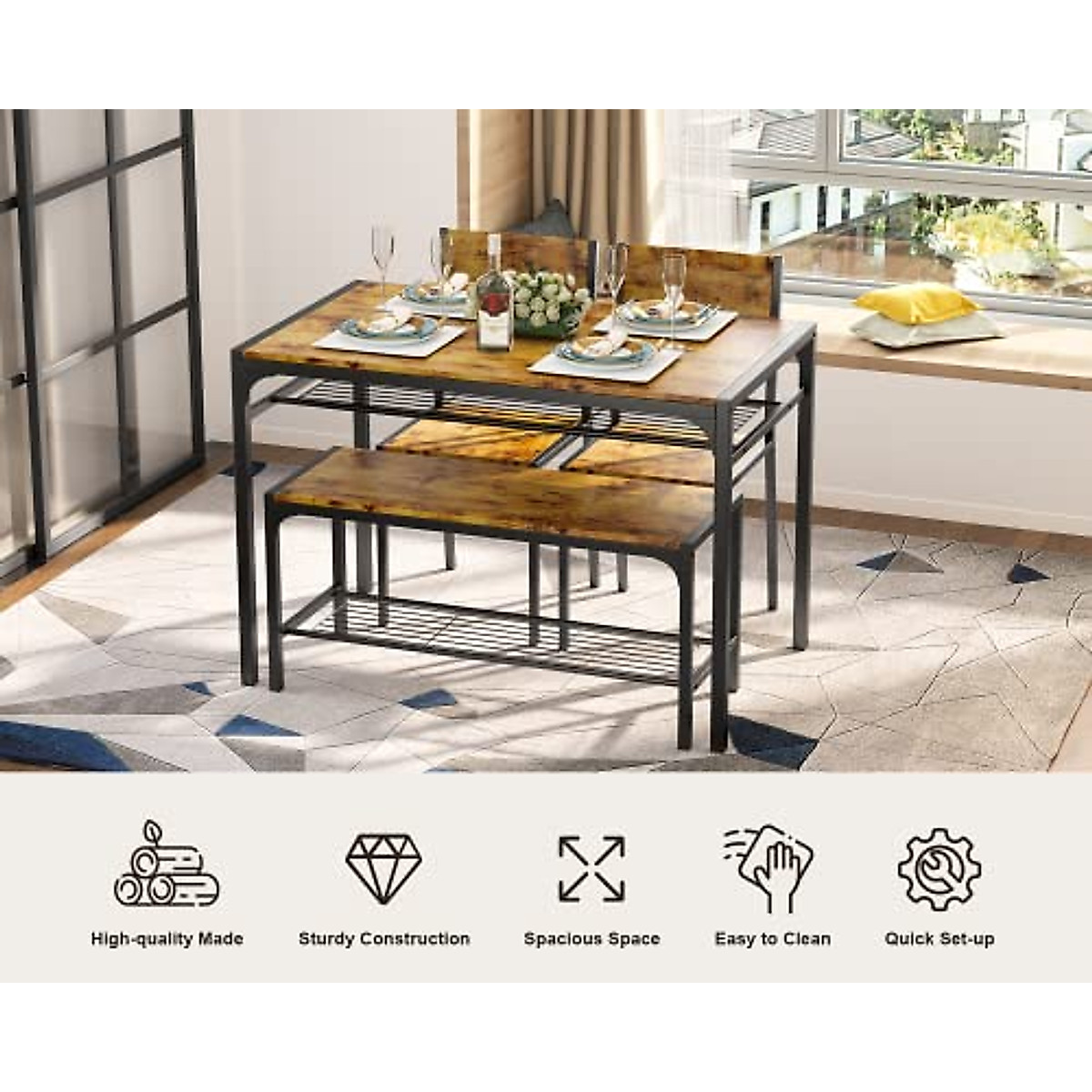 Gizoon Kitchen Table and 2 Chairs for 4 with Bench, 4 Piece Dining Table Set for Small Space, Apartment (Rustic Brown)